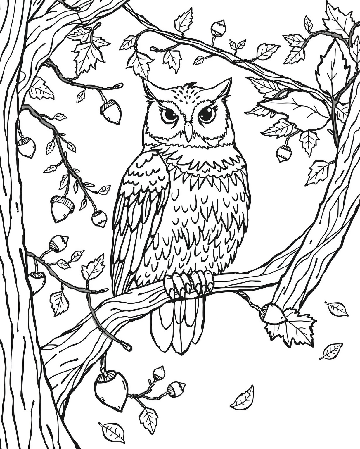 Autumn Owl on a Branch Coloring Page - Free Printable