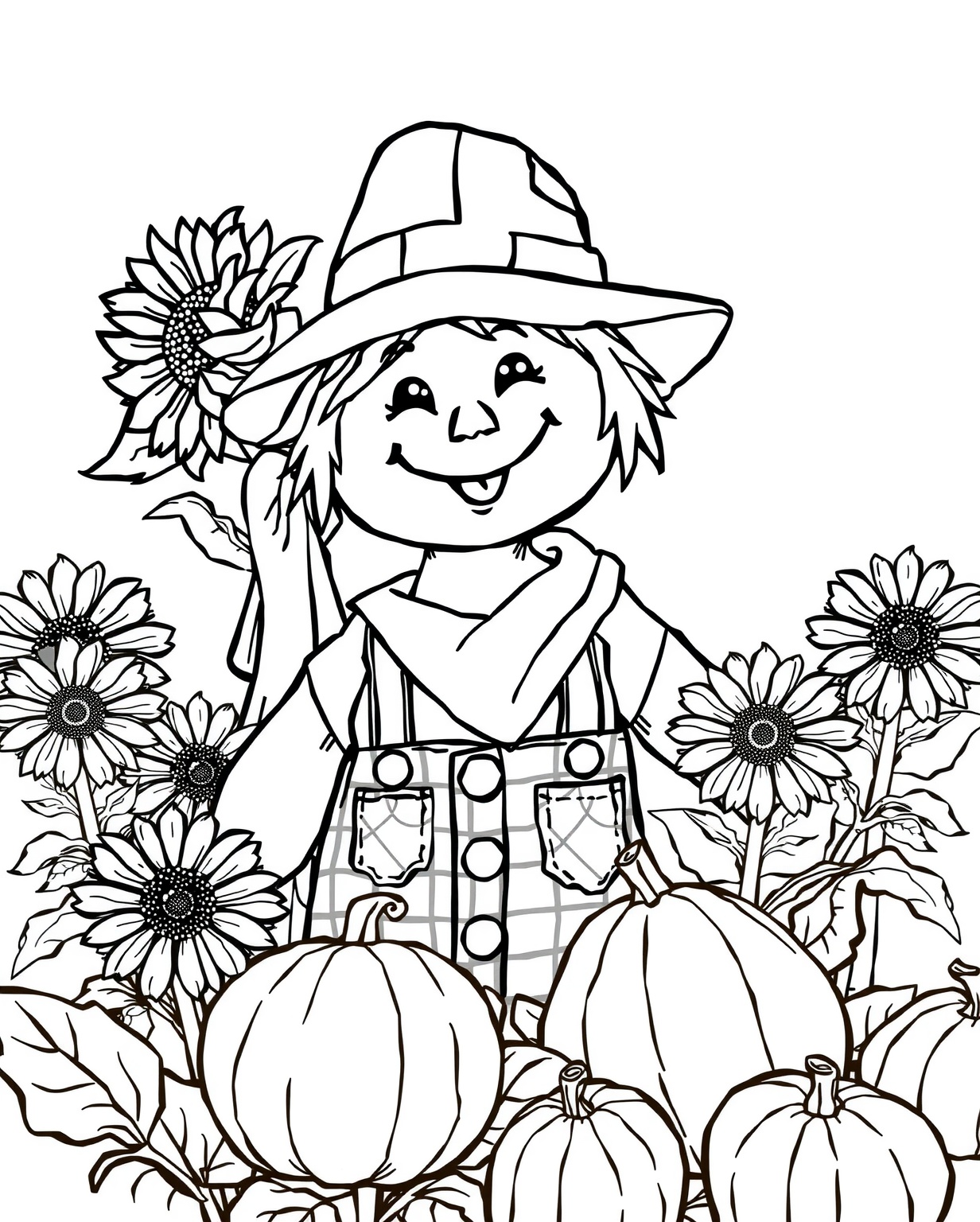 Autumn Scarecrow and Sunflowers Coloring Page - Free Printable