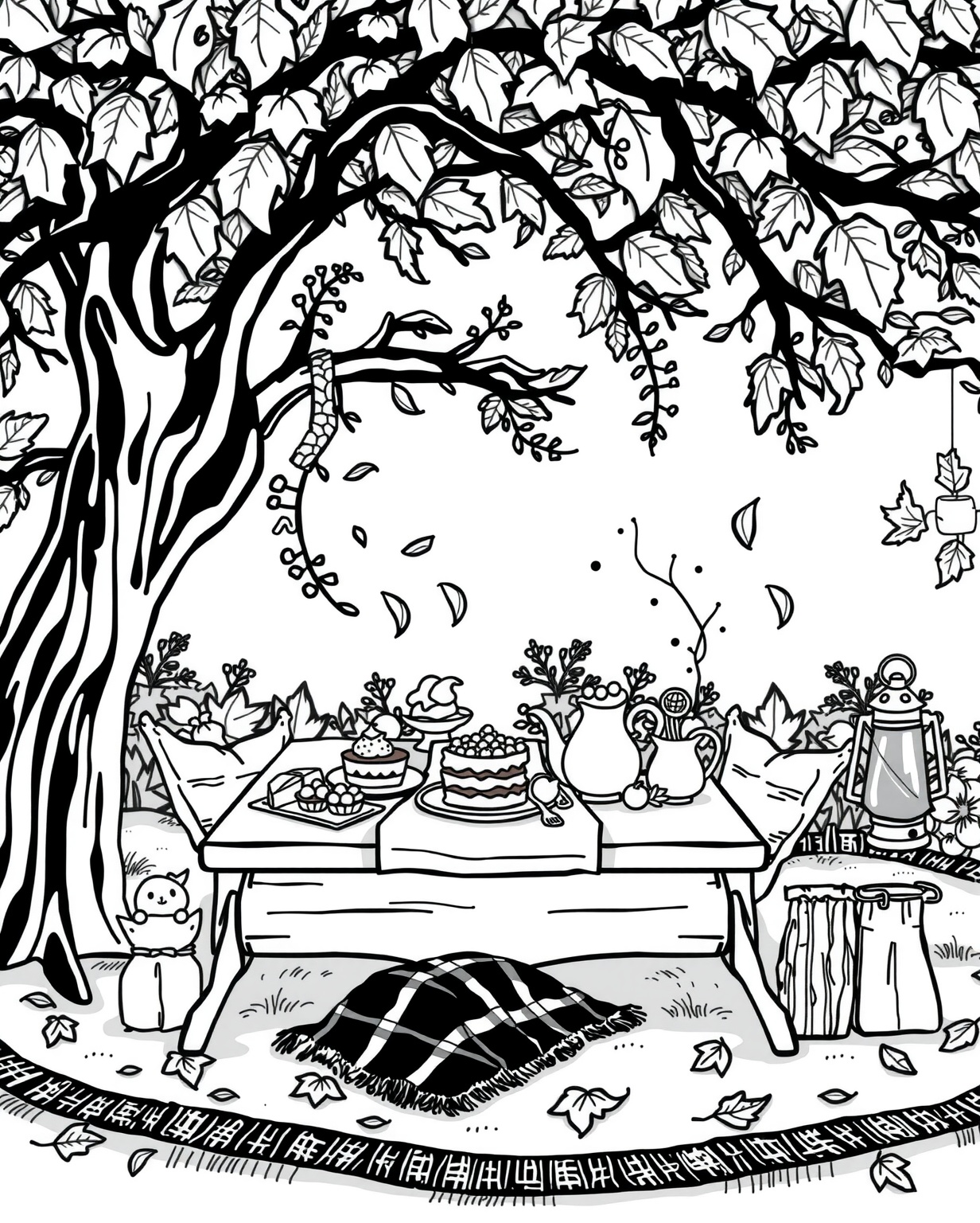 Autumn Tea Party Under a Tree Coloring Page - Free Printable