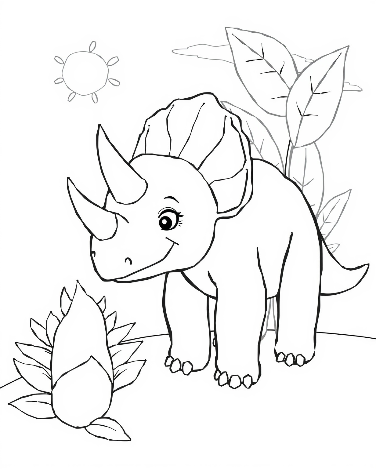 Baby Triceratops Exploring Leafy Plants Coloring Page – Free Printable