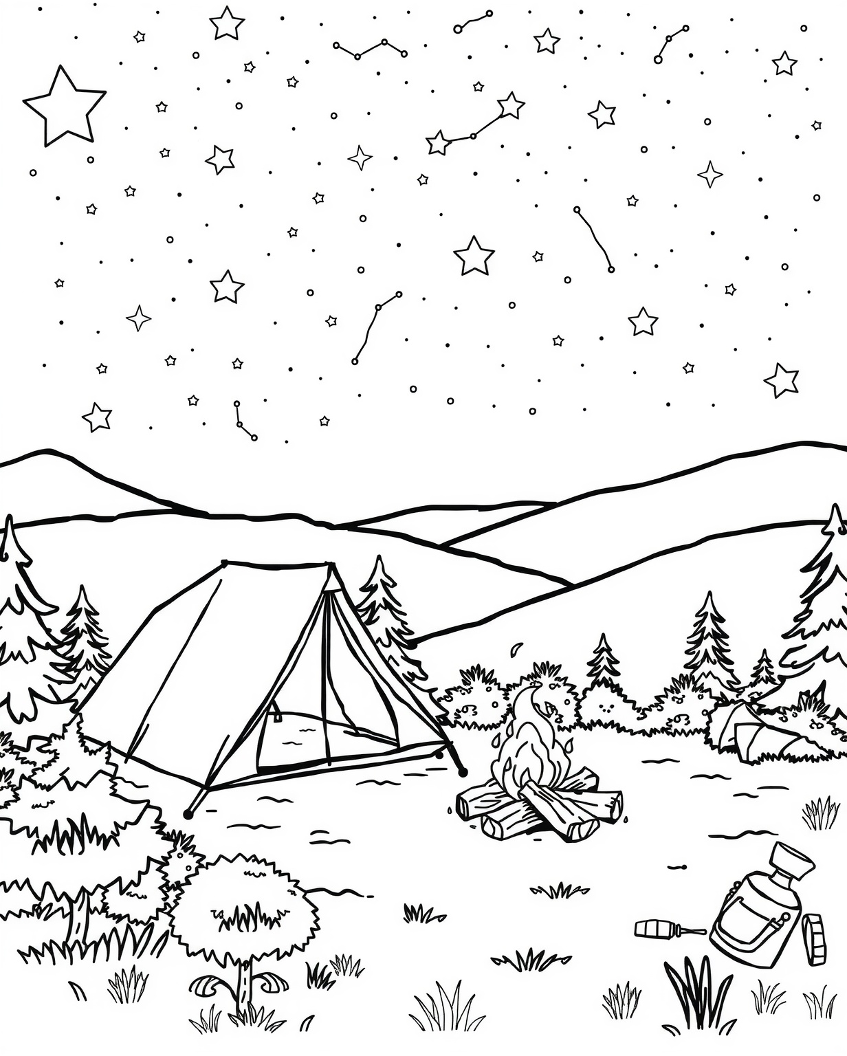 Camping Under the Stars Coloring Page - Free Printable