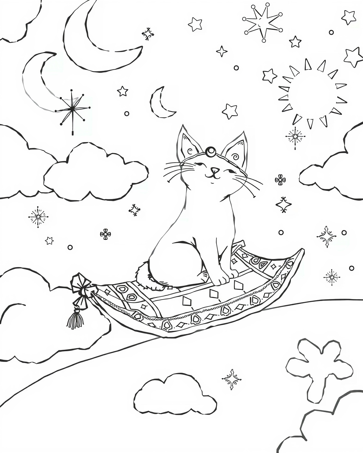 Cat on a Magic Carpet Coloring Page - Free Printable