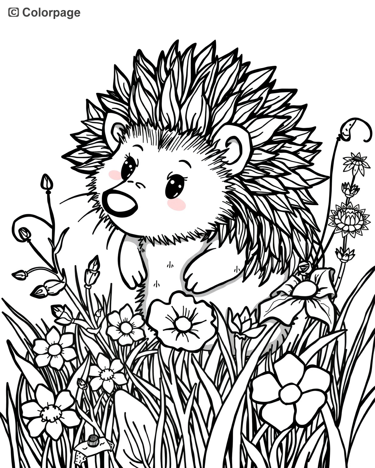 Fanciful Hedgehog in a Flower Meadow Coloring Page - Free Printable
