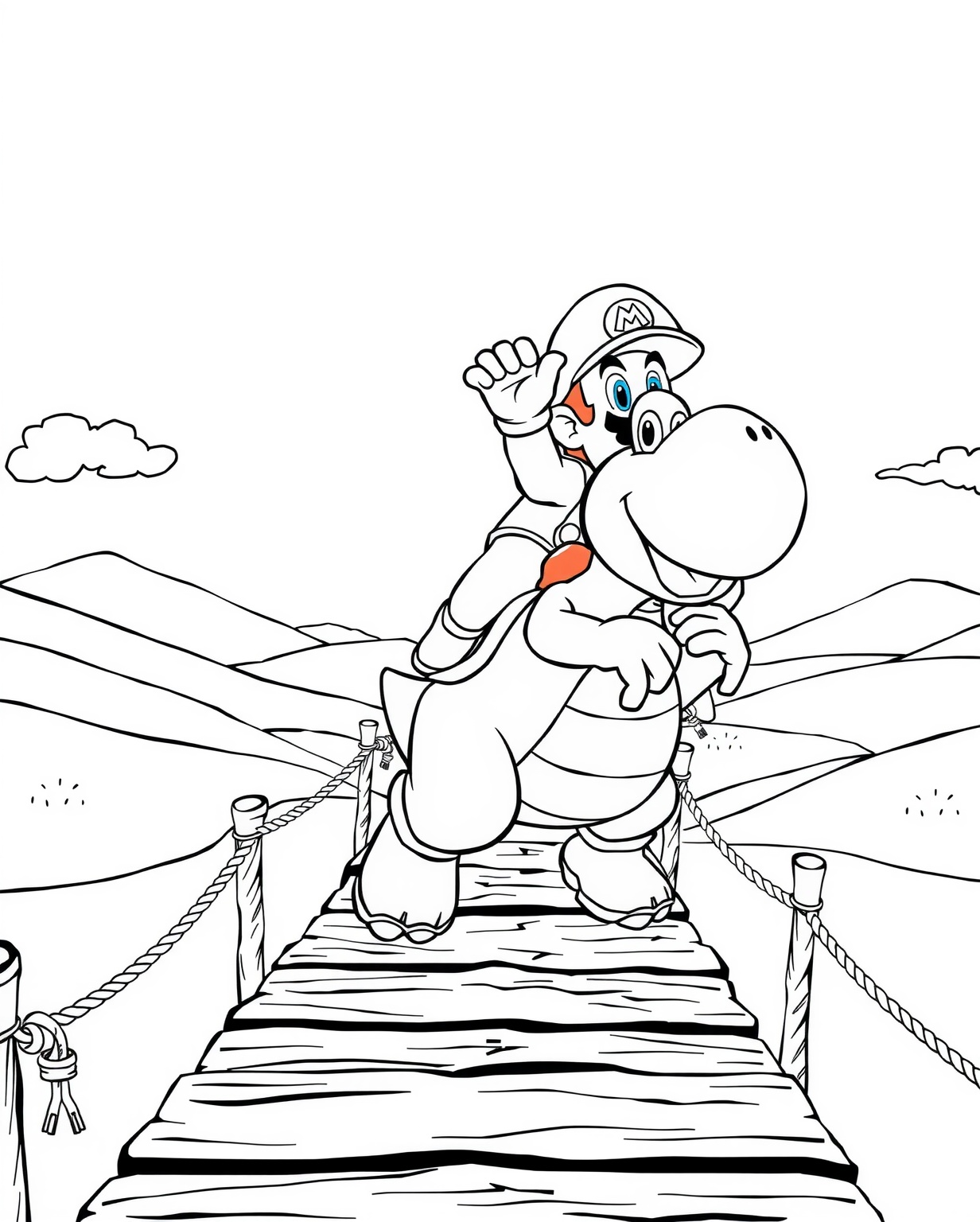 Mario Riding Yoshi Over a Bridge Coloring Page - Free Printable