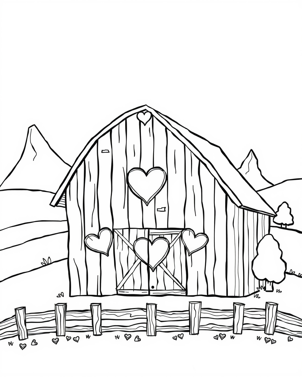 Rustic Barn with Heart Accents Coloring Page - Free Printable