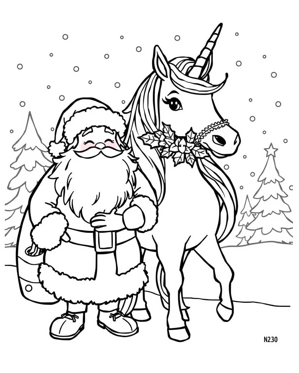Santa And Unicorn Coloring Page - Free Printable