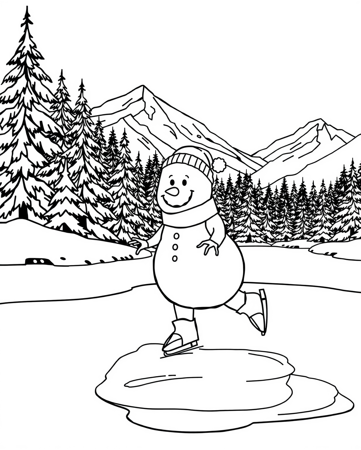 Snowman Ice Skating on a Frozen Lake Coloring Page - Free Printable