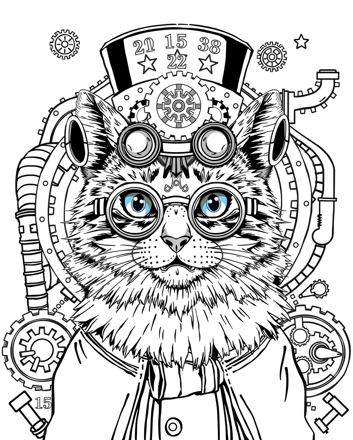 Steampunk Cat with Gears Coloring Page - Free Printable