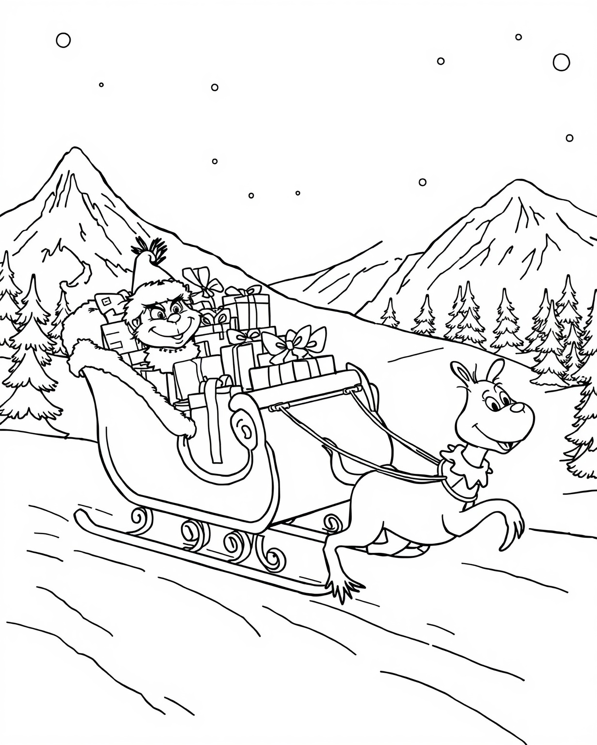 The Grinch and Max on a Sleigh Coloring Page - Free Printable