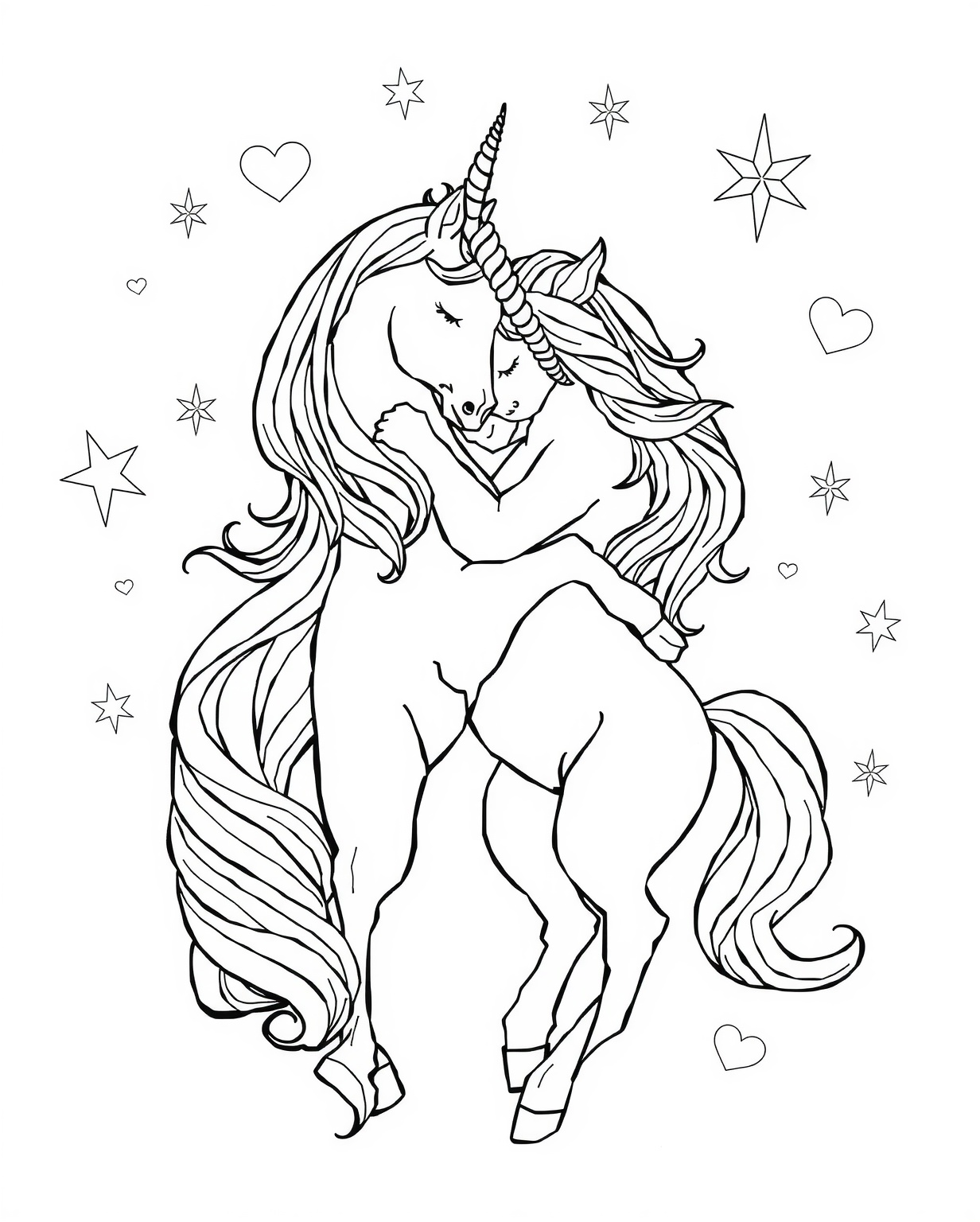 Two Unicorns Embracing Coloring Page - Free Printable