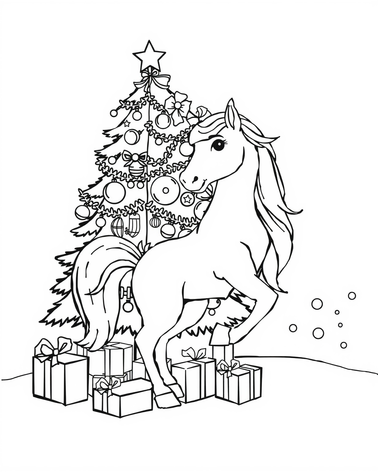 Unicorn Decorating a Christmas Tree Coloring Page - Free Printable